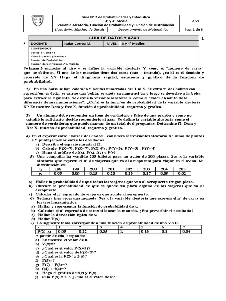 Guia de Variable Aleatoria 3° y 4° Medio ESG | PDF | Variable aleatoria ... Guia de Variable Aleatoria 3° y 4° Medio ESG | PDF | Variable aleatoria ...