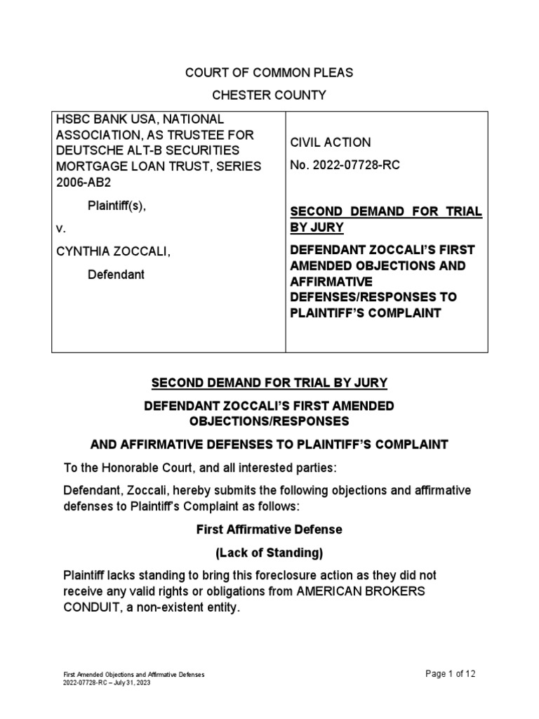 Defendants First Amended Objections and Affirmative Defenses 2022 07728 ...