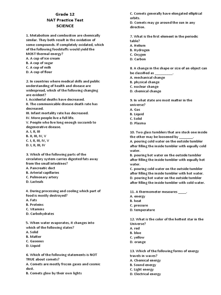 Grade 12 NAT PRACTICE TEST SCIENCE | PDF | Water | Liquids