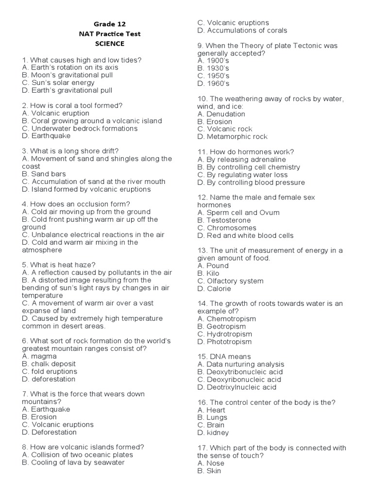 Grade 12 NAT PRACTICE TEST SCIENCE 2 | PDF | Earth Sciences | Atoms