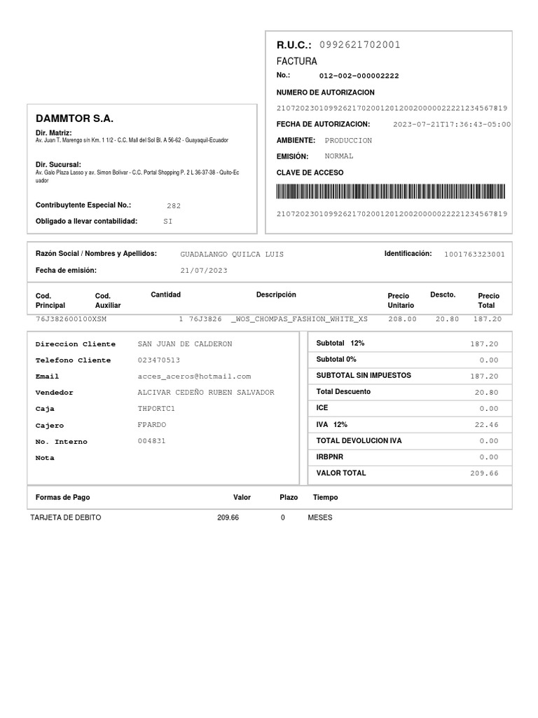 Factura: Av. Juan T. Marengo S/N Km. 1 1/2 - C.C. Mall Del Sol Bl. A 56 ...