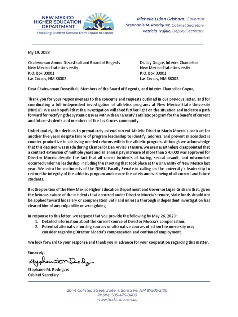 Letter of Concern To NMSU Athletic Director 2023.05.19 | PDF | New Mexico