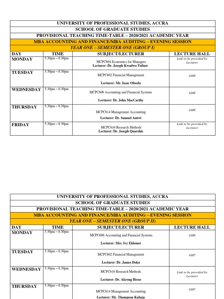 Final MBA Year1 Evening Time Table 20 21 | PDF | Leadership | Academia