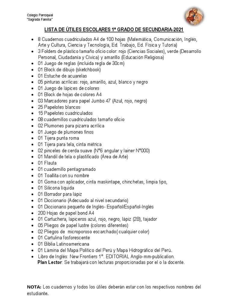 Lista%20de%20%C3%BAtiles%201%C2%B0%20de%20secundaria | PDF