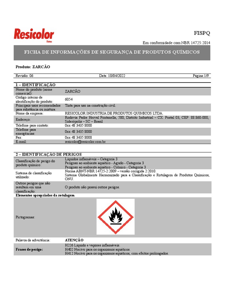 FISPQ do Produto Zarcão | PDF | Temperatura | Tolueno