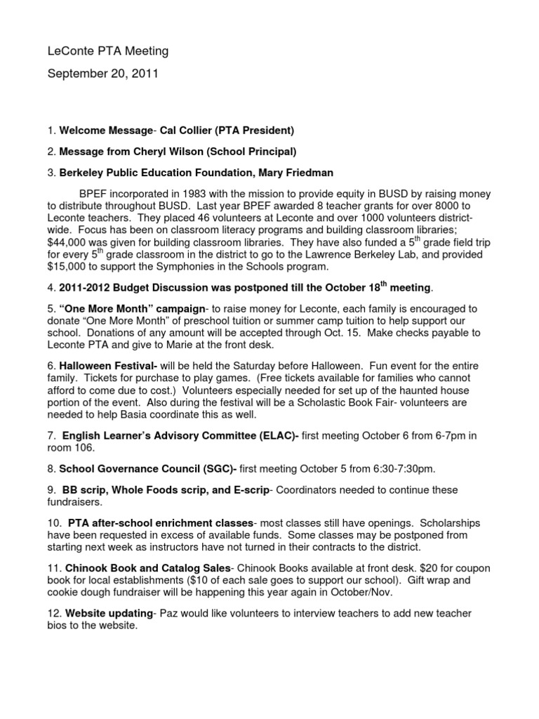 PTA Meeting Notes 09-20-11 | PDF | Schools | Teaching And Learning