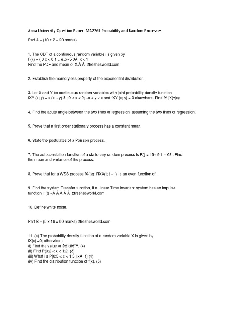 Anna University Question Paper - MA2261 Probability and Random ...