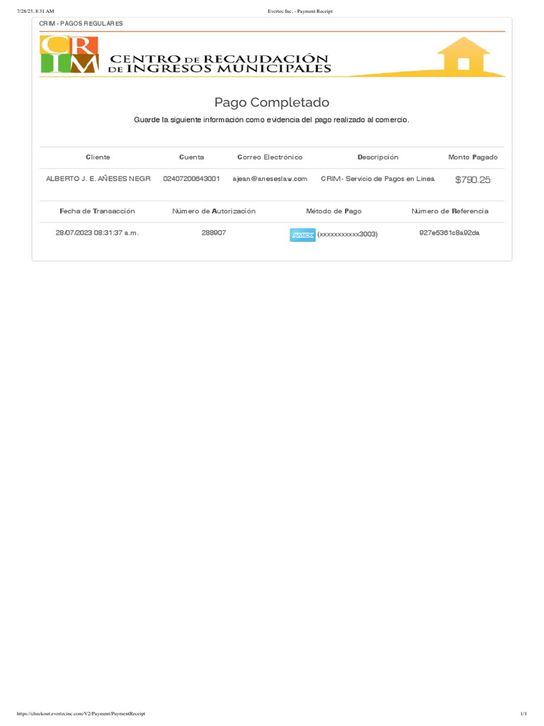 Recibo de Pago CRIM - Evertec | PDF | Finanzas y dinero
