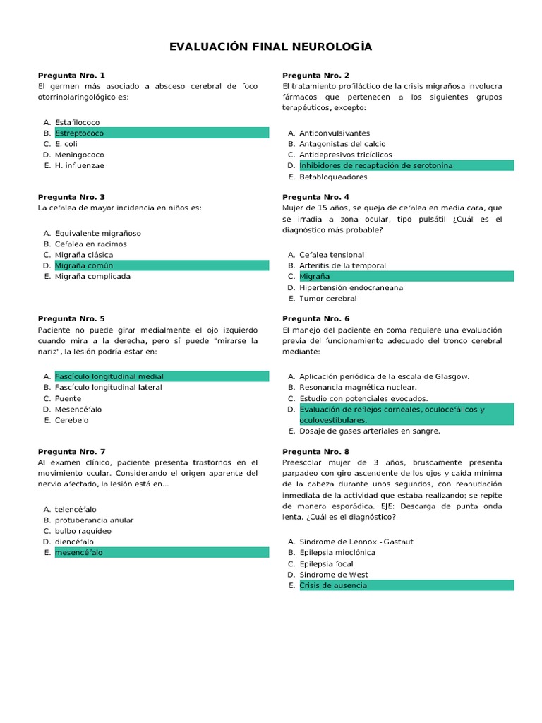 Neurología Evaluación Final_con Claves | PDF | Meningitis | Fluido cerebroespinal