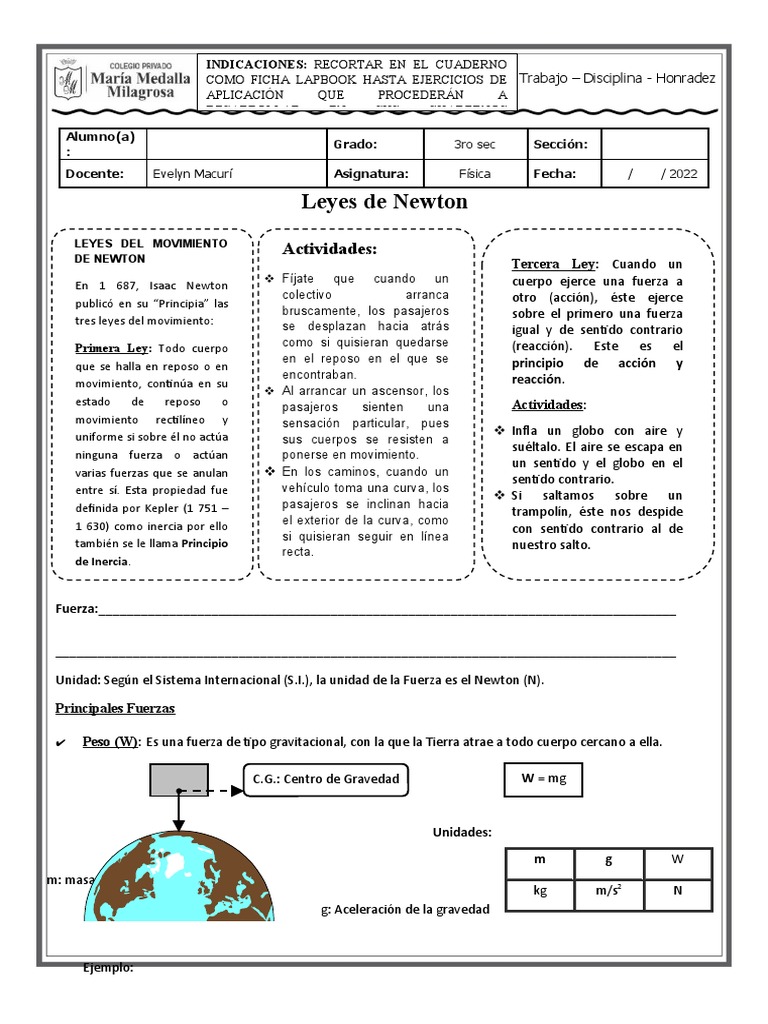 Ficha Lapbook - DCL 3ro Sec | PDF | Fuerza | Las leyes del movimiento de Newton