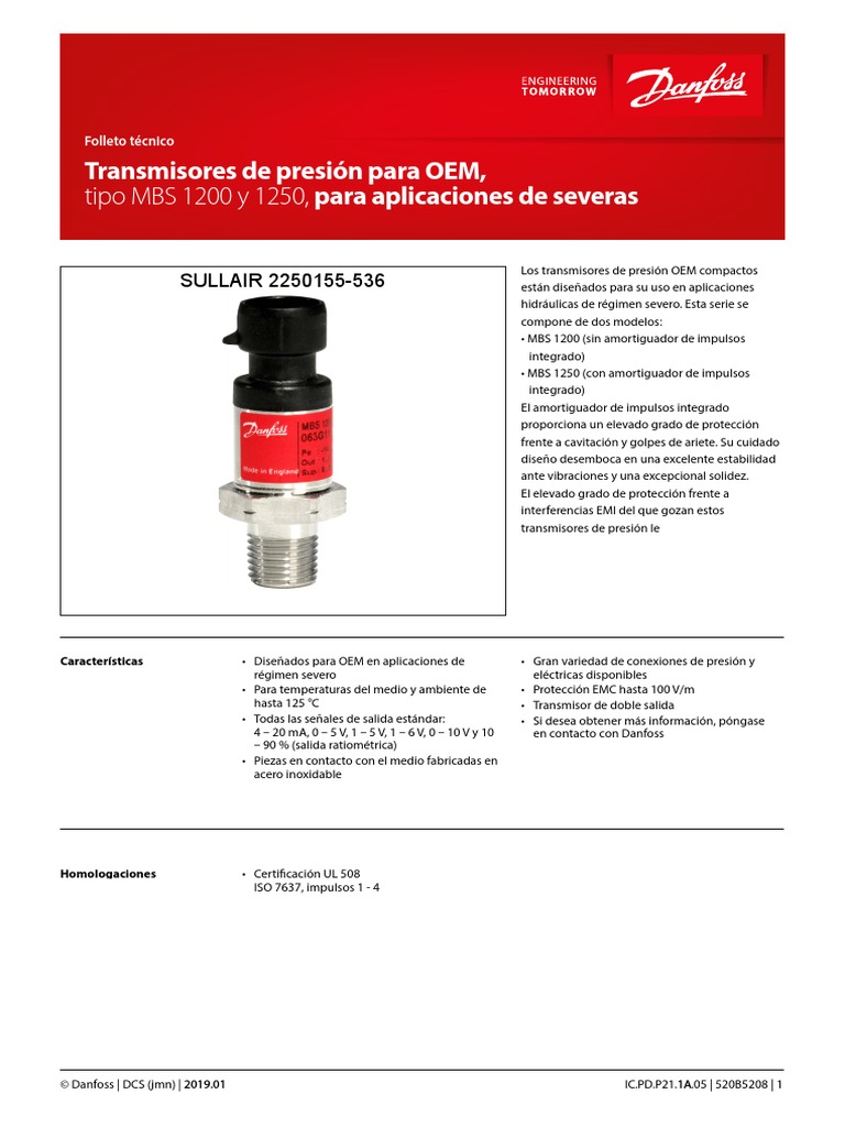 DANFOSS. Transmisor de Presion MBS 1200. 063G1605 | Descargar gratis ...