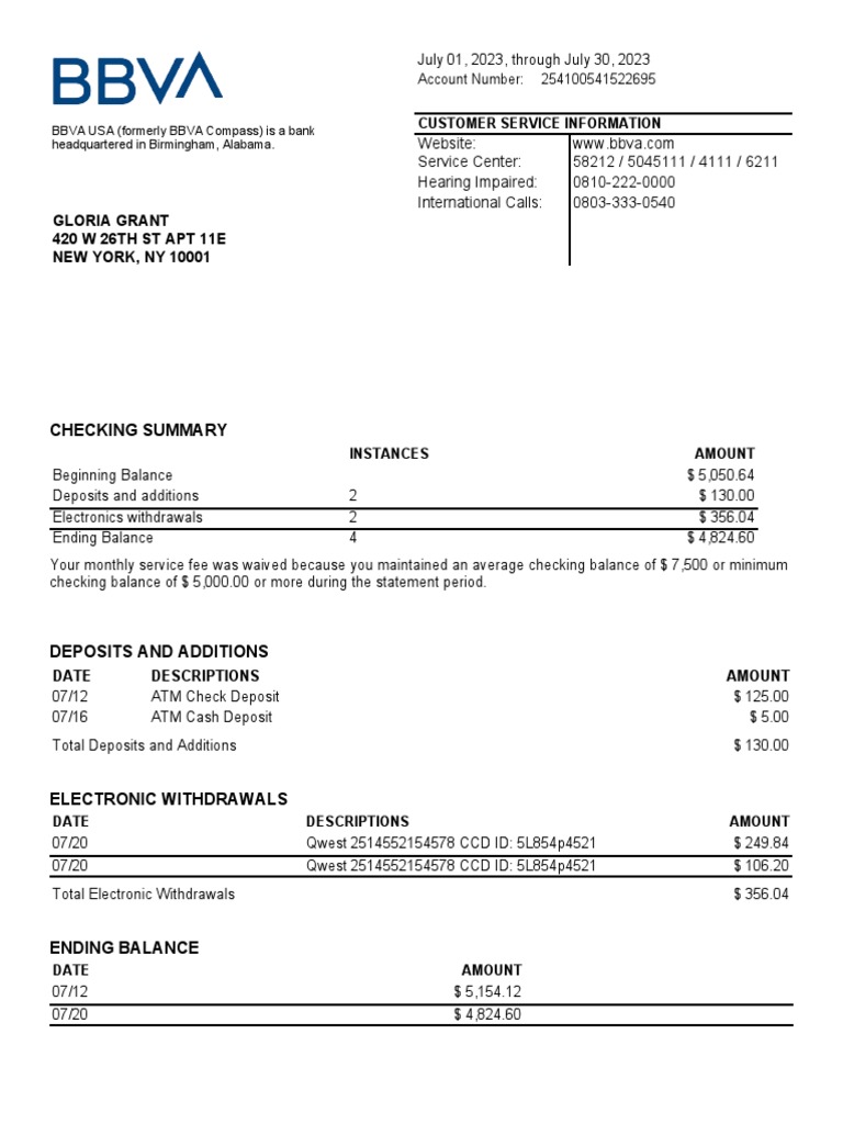 BBVA USA July 2023 Account Statement | PDF | Deposit Account | Private ...