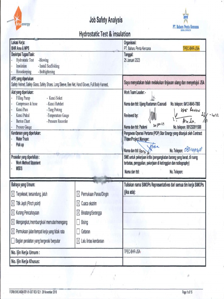 JSA Hydrotest & Insulation (Revisi) | PDF