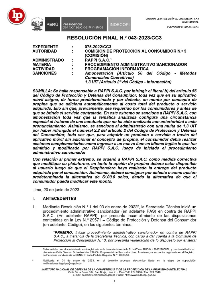Resolucion Final 043 2023 CC3 LPDerecho | PDF | Protección al Consumidor | Los consumidores