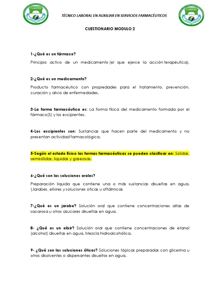 Cuestionario Segundo Modulo | Descargar gratis PDF | Tableta (Farmacia) | Medicamentos con receta