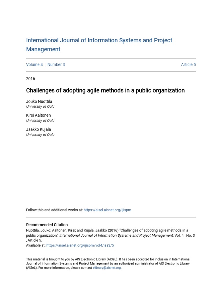 Challenges of Adopting Agile Methods in A Public Organization | PDF | Scrum (Software ...