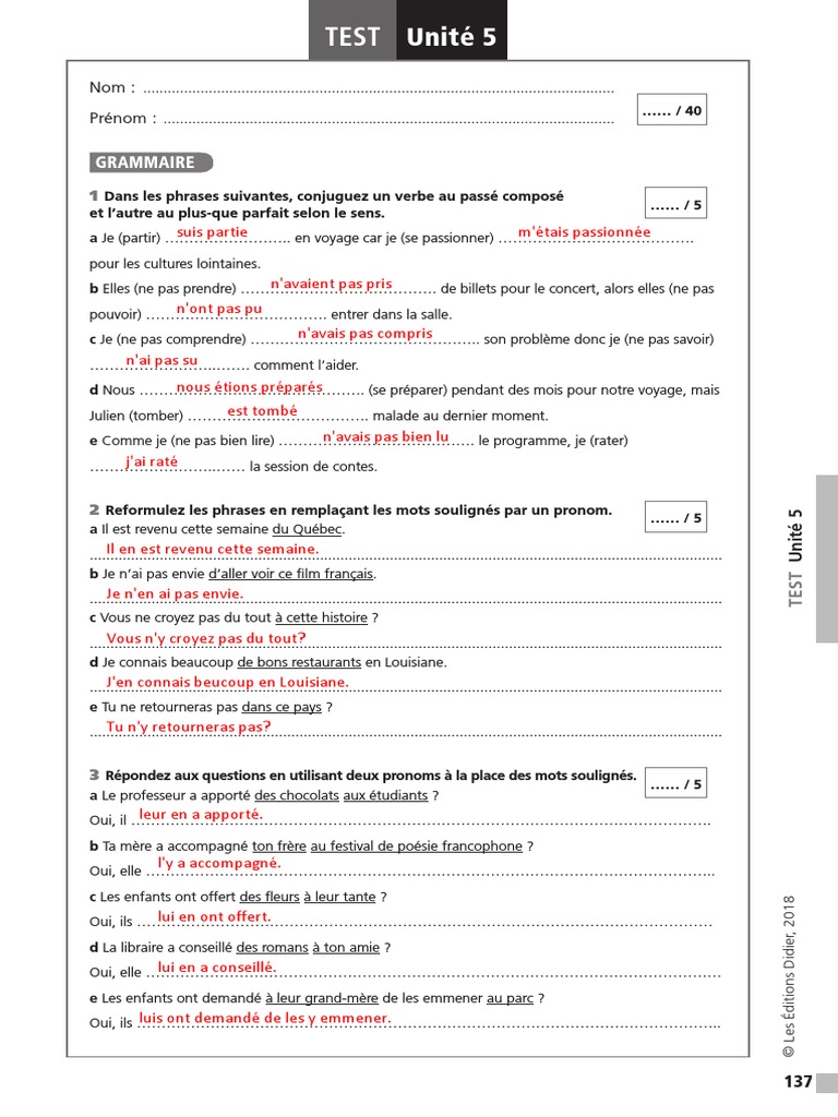 Test de Grammaire - Unité 5 | PDF | Arts du langage et discipline ...