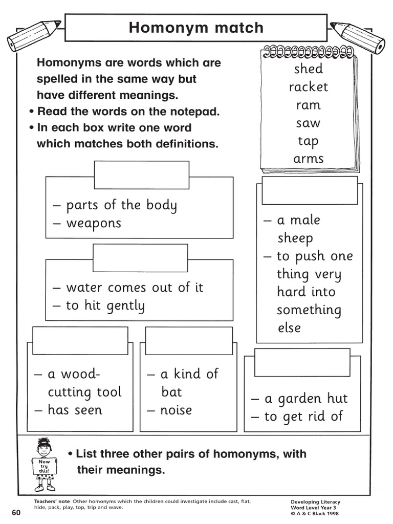 Teachers' Note Other Homonyms Which The Children Could Investigate ...