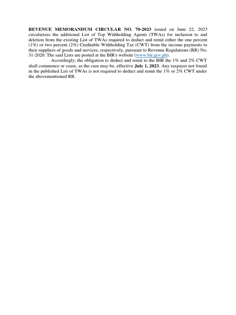 Updated Withholding Agents RMC 70-2023 | PDF