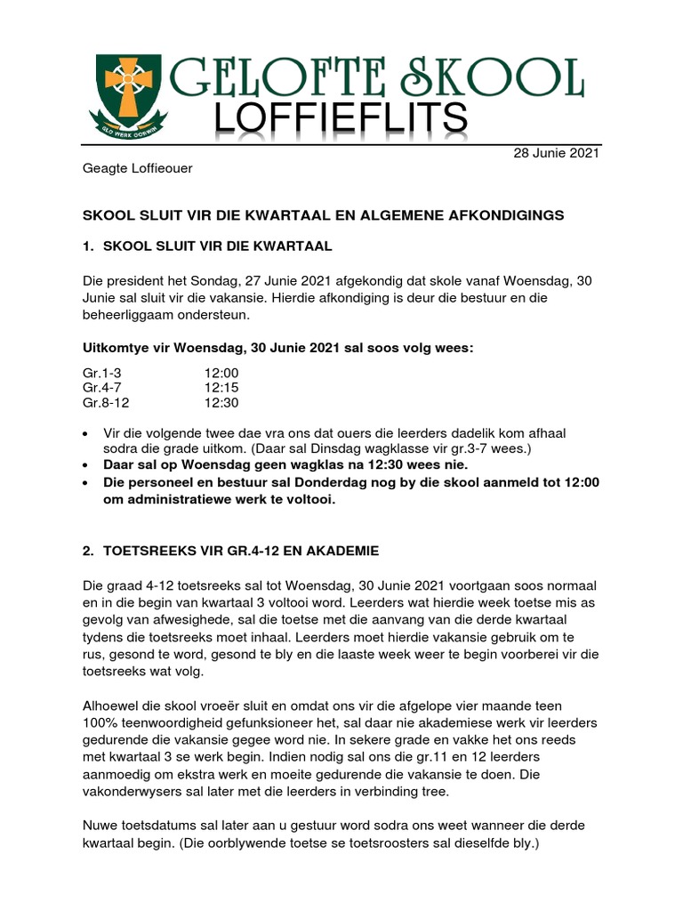LOFFIEFLITS 28 JUNIE 2021 - Skool Sluit en Algemene Afkondigings | PDF