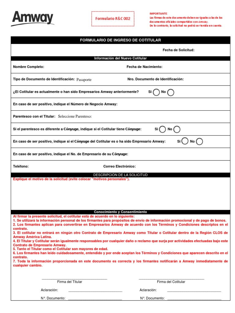 Formulario R&C 002 Ingreso de Cotitular | PDF