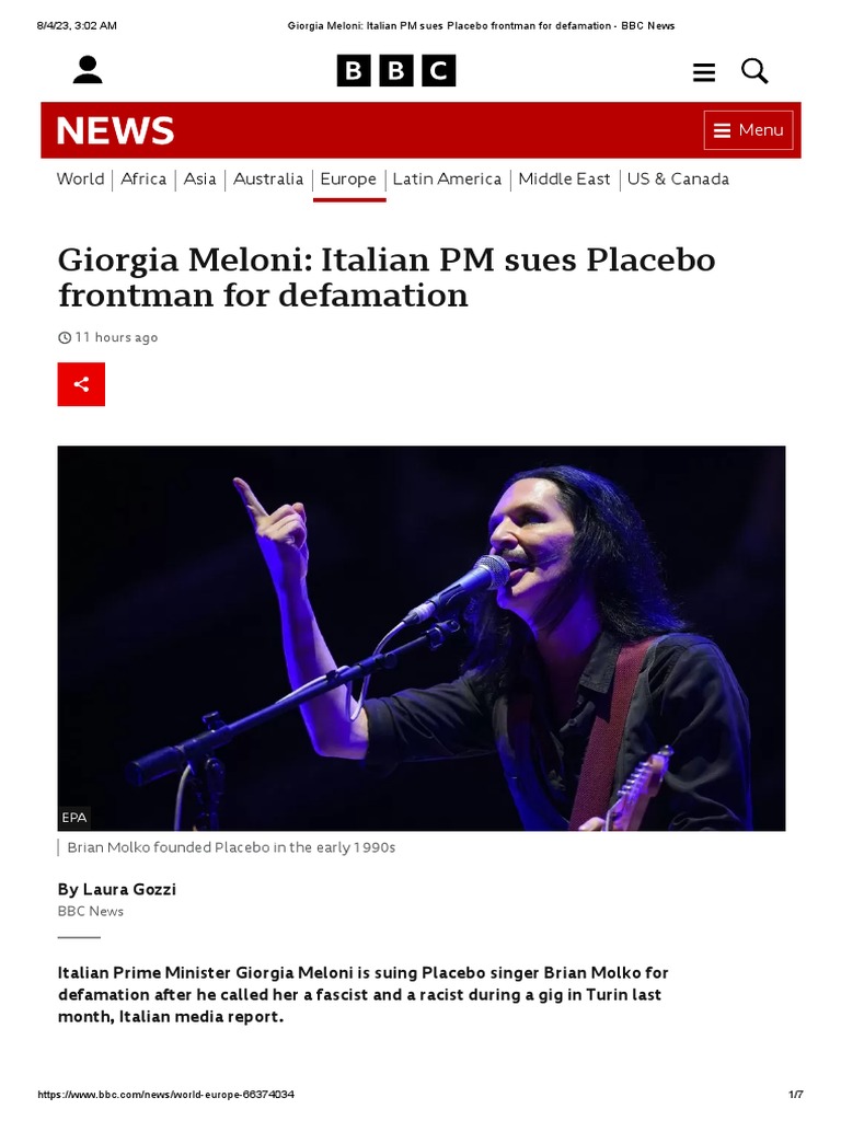 Giorgia Meloni - Italian PM Sues Placebo Frontman For Defamation - BBC ...