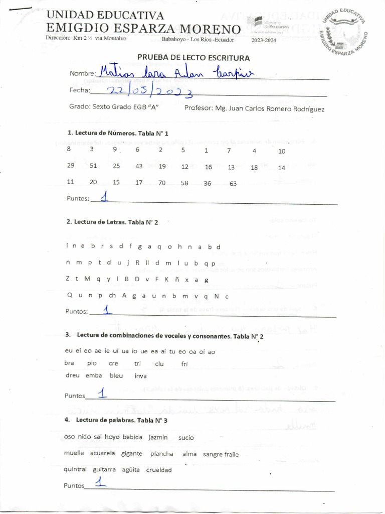 Pruebas de Lectoescritura | PDF
