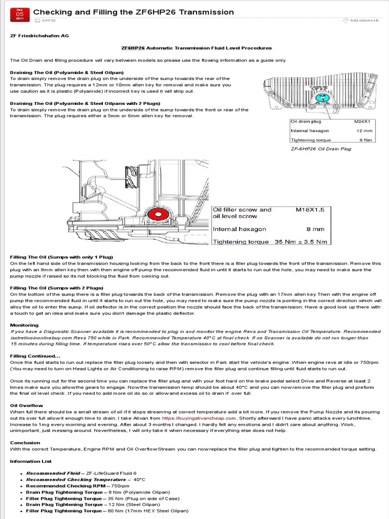 Checking and Filling The ZF 6hp26 Transmission | PDF | Motor Vehicle ...