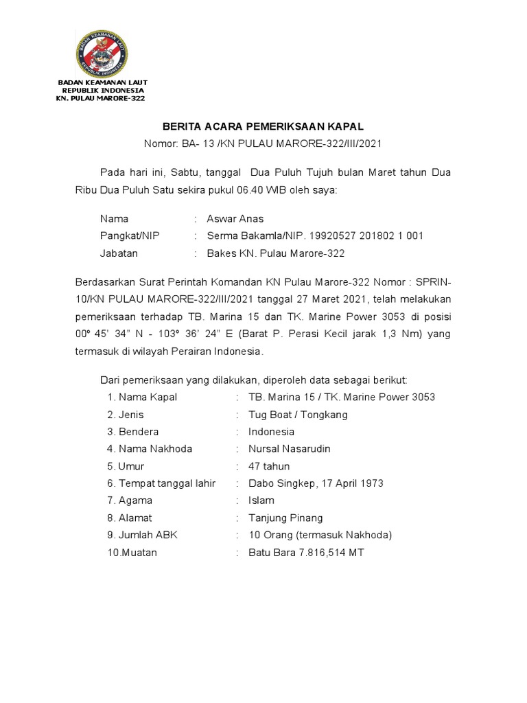Berita Acara Pemeriksaan Kapal | PDF