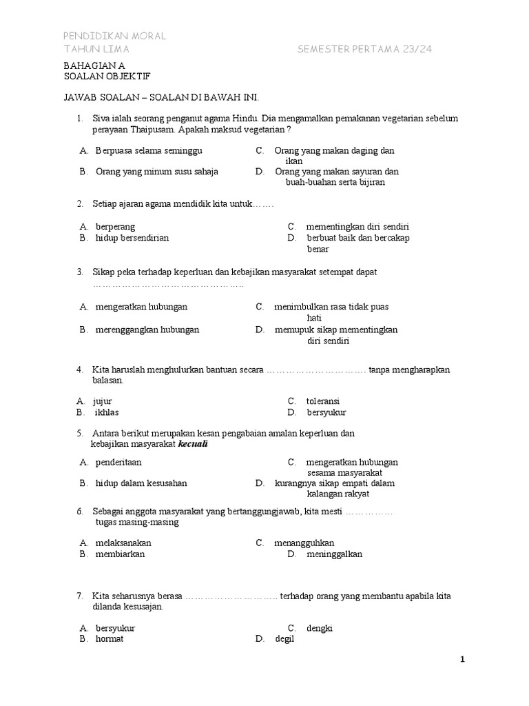 Soalan Moral THN 5 | PDF