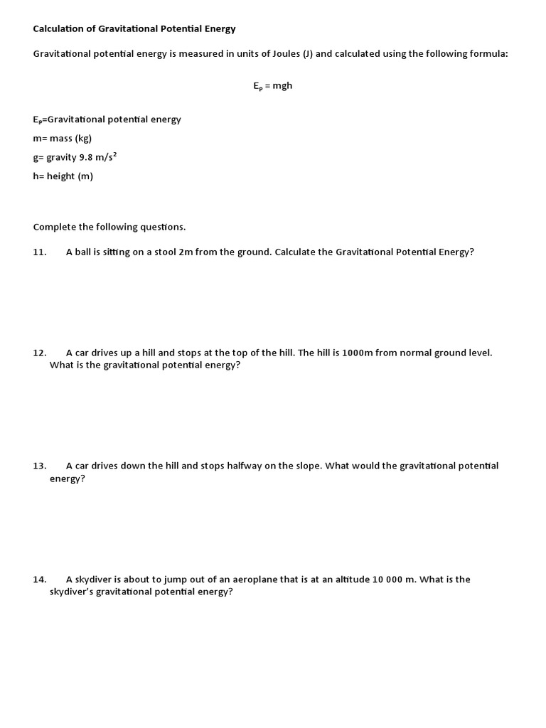 Energy Calculations Worksheet | PDF | Potential Energy | Kinetic Energy