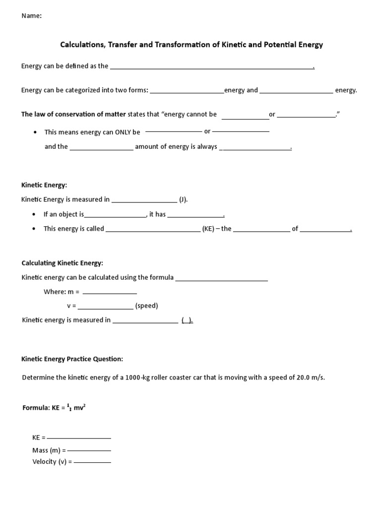 Kinetic and Potential Energy Worksheet Yr8 | PDF