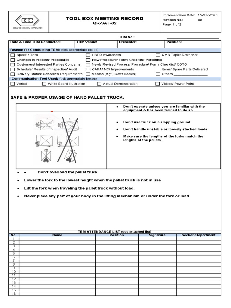 Toolbox Meeting Form - Hand Pallet Truck | PDF