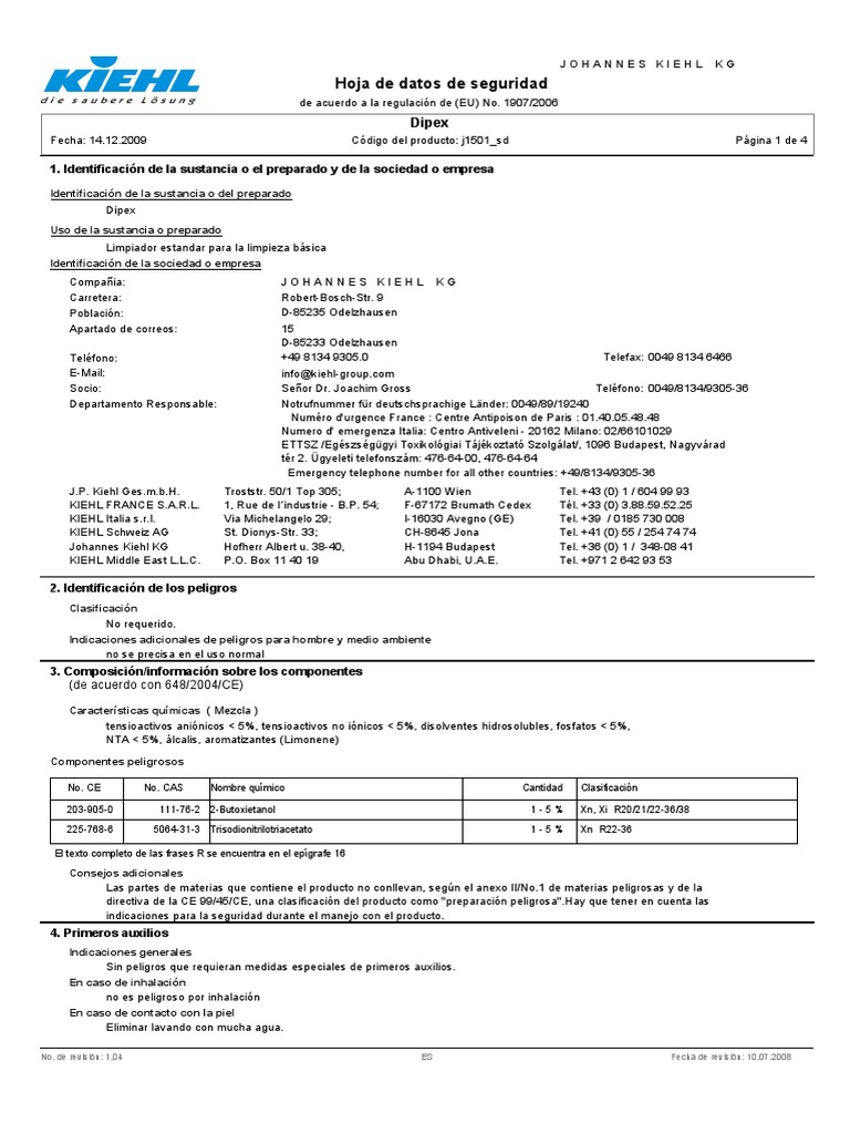 Hoja de Seguridad de Dipex | PDF | Residuos | Detergente