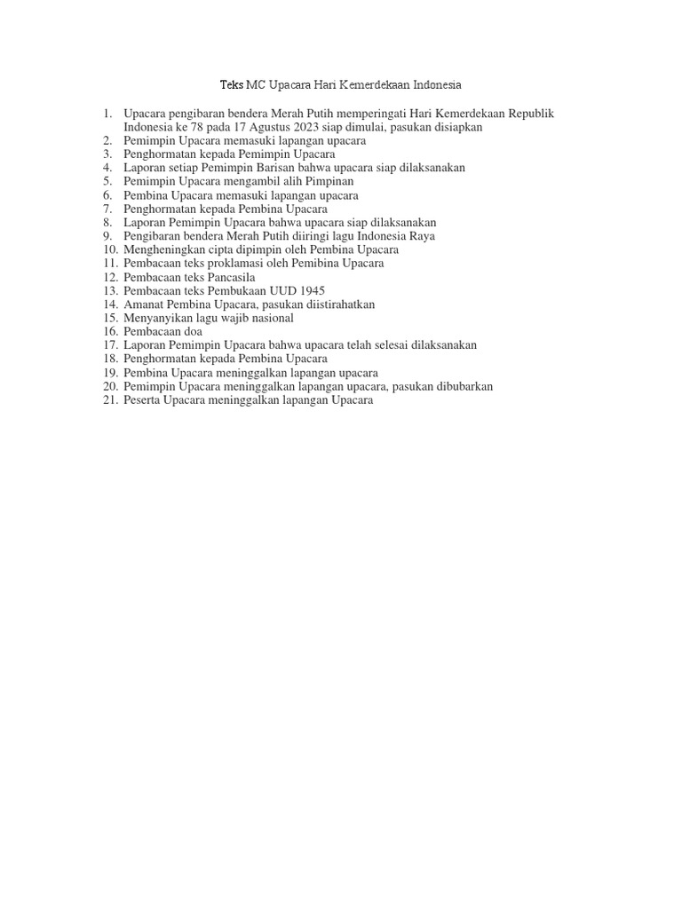 Teks MC Upacara Hari Kemerdekaan Indonesia | PDF