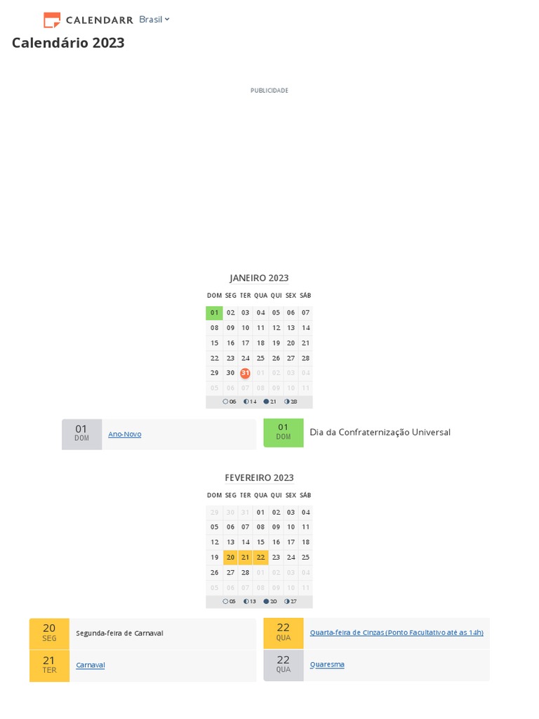 Calendário e Feriados Brasil 2023 | PDF | Natal | Carnaval