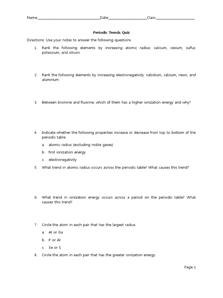 6.3 Periodic Trends Worksheet 1 - Quiz Gen Chem Retake | PDF