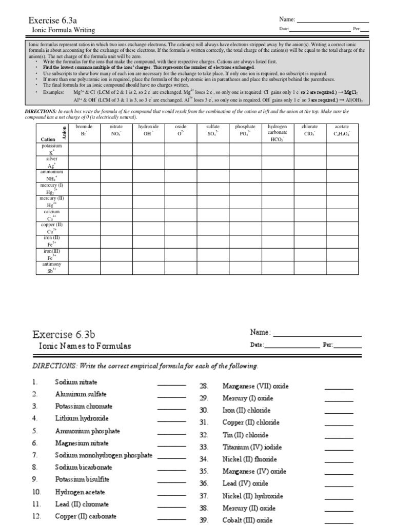 (Exercise 6.3a - Ionic Formula Writing | PDF | Ion | Hydroxide