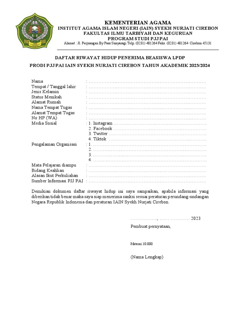 Draft PJJ PAI Daftar Riwayat Hidup | PDF