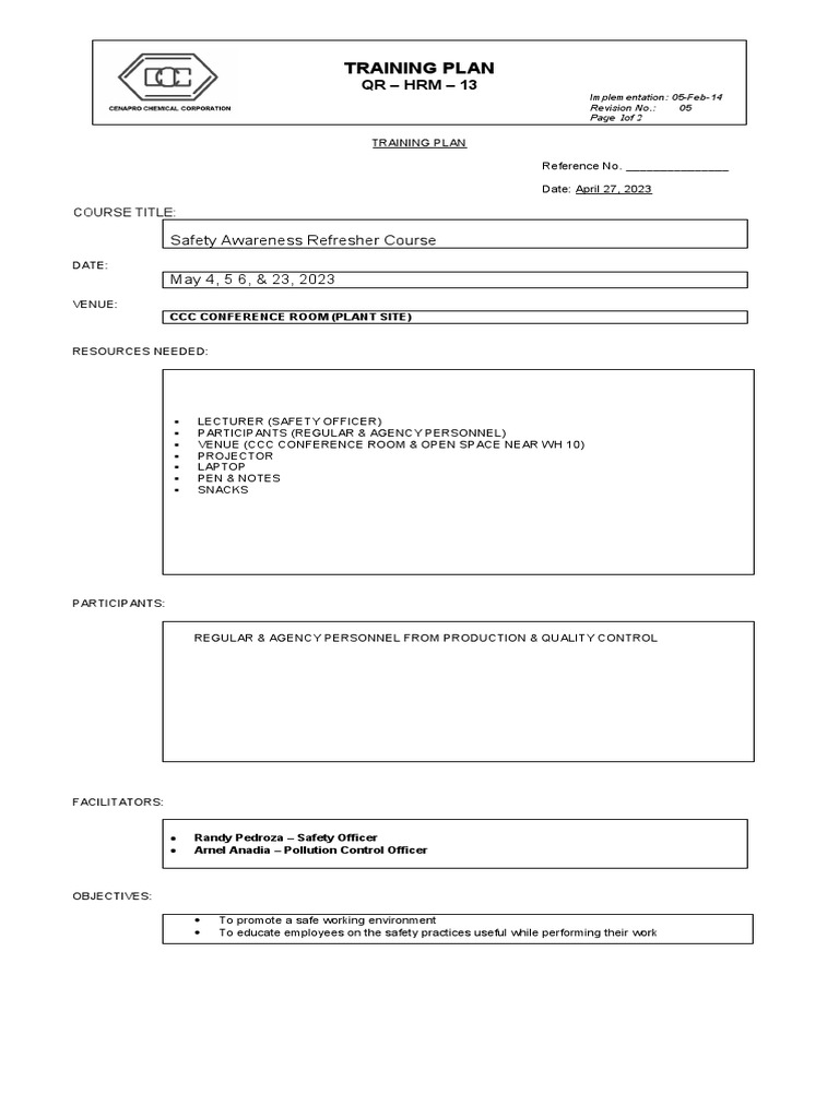 Safety Awareness Training Plan 2023 | PDF | Safety | Human Resource ...