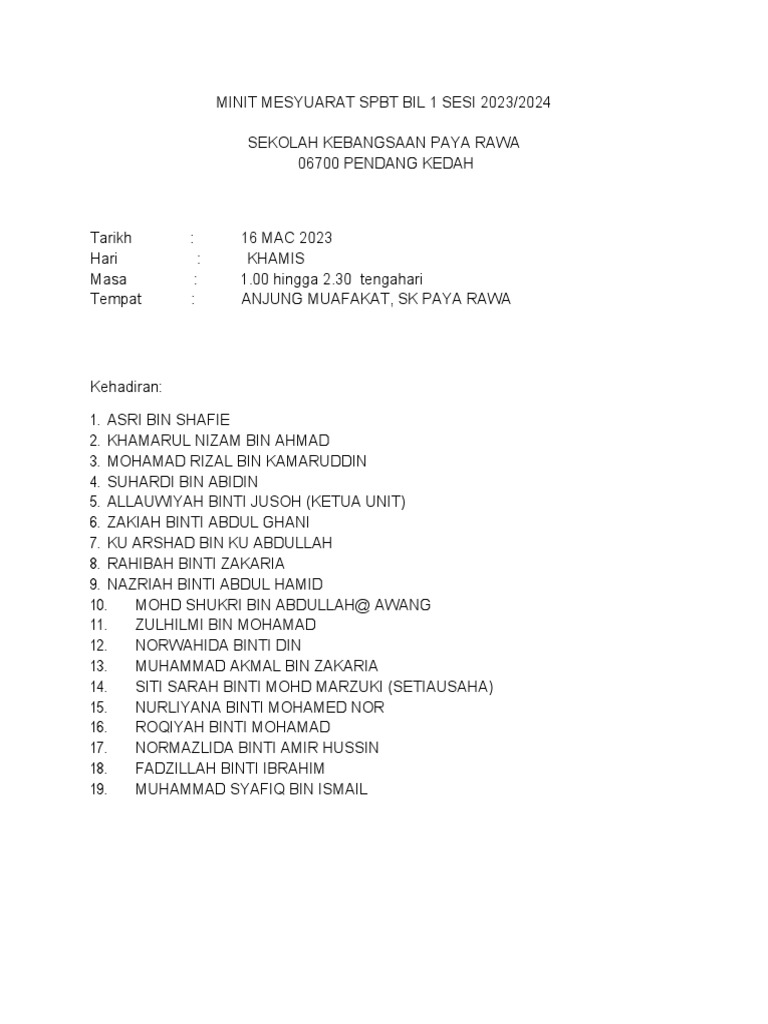 Minit Mesyuarat SPBT Bil 1 Sesi 2023 | PDF