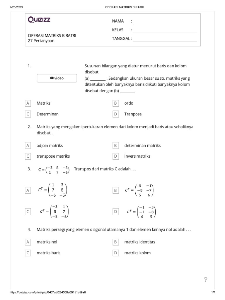 Soal Latihan Operasi Matriks Kelas 11 | PDF