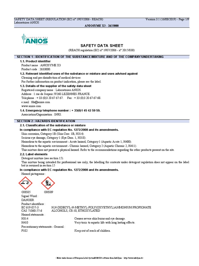 MSDS Aniosyme X3 | PDF | Dangerous Goods | Waste