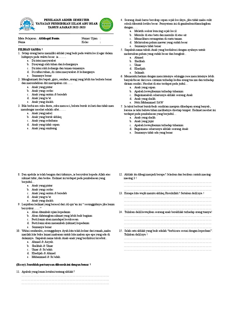 Soal Akhlaqul Banin Juz 1 | PDF