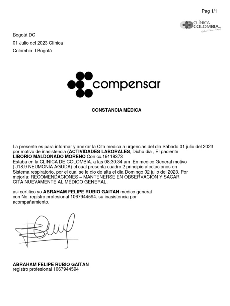 Constancia Compensar - Clinica Colombia - Liborio Maldonado Moreno | PDF