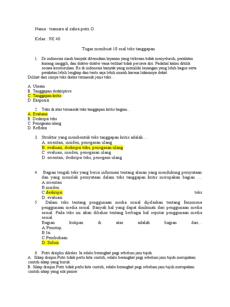 Soal Teks Tanggapan Kelas 9 | PDF