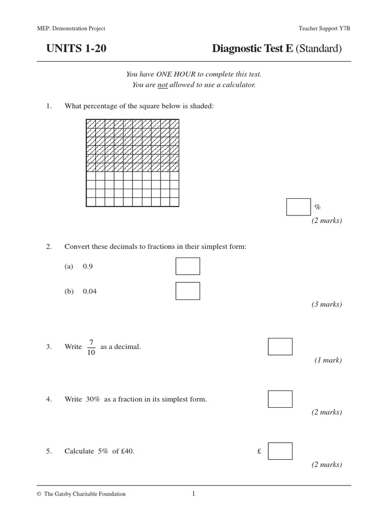 Y7B Diagnostic Test E Units 1-20 | PDF | Area | Mean