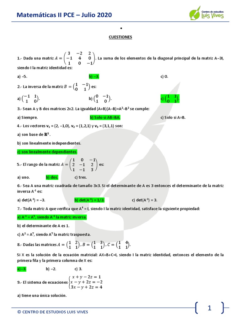 Matematicas II Uned Jul20 | PDF | Matriz (Matemáticas) | Integral