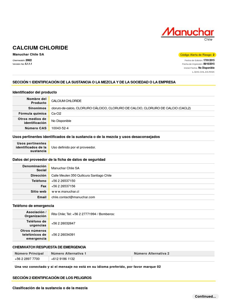 5.1 Cloruro de Calcio (Cas 10043-52-4) Manuchar | PDF | Ventilación ...