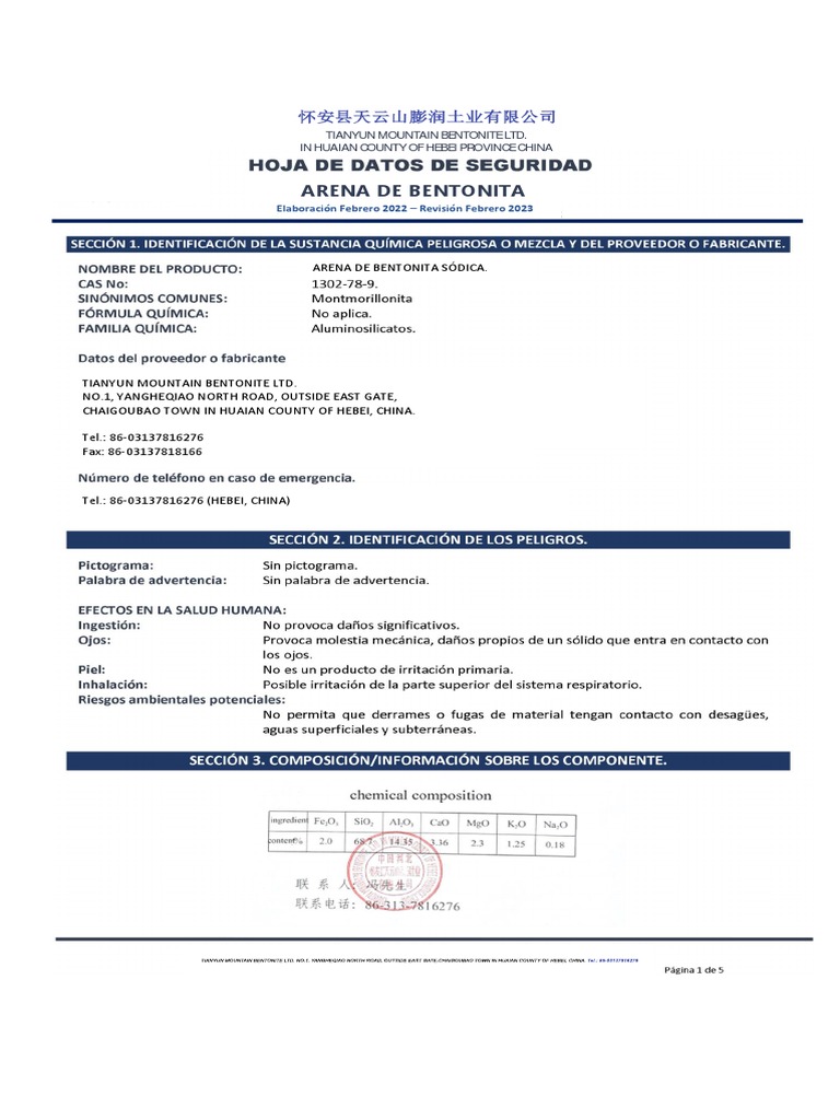 Hoja Seguridad Arena para Gatos (Bentonite Cat Litter) | PDF